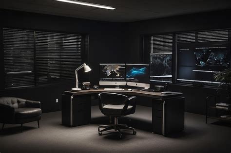 Premium AI Image A Dark Room With A Computer Desk And A Large Monitor
