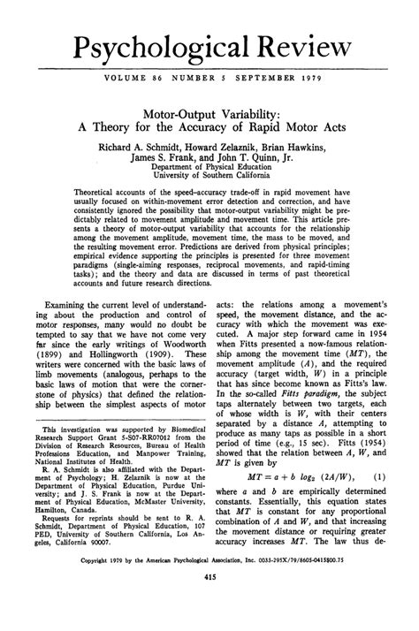 Pdf Motor Output Variability A Theory For The Accuracy Of Rapid