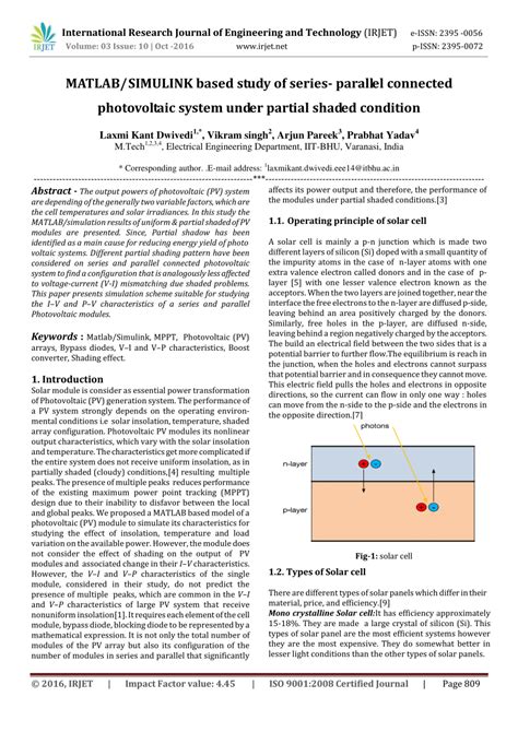 PDF MATLAB SIMULINK Based Study Of Series Parallel Connected Photovoltaic System Under