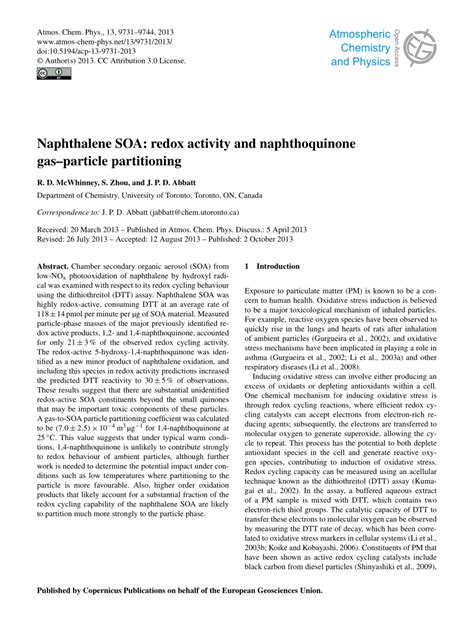 Pdf Naphthalene Soa Redox Activity And Naphthoquinone Gas Particle