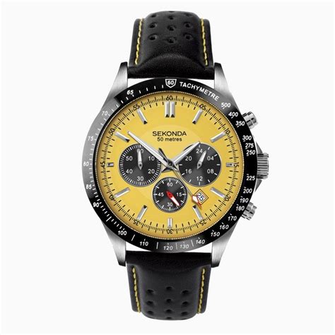 Sekonda Gents Chronograph Yellow Dial Black Leather Strap Watch Men S Watches From Faith