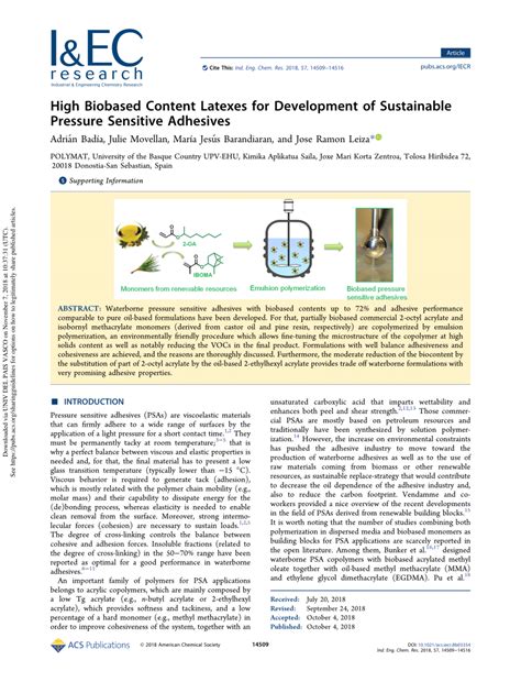 Pdf High Biobased Content Latexes For Development Of Sustainable Pressure Sensitive Adhesives