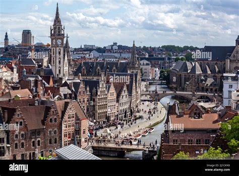 The Historical Flemish Buildings In Ghent Belgium Under The Bright
