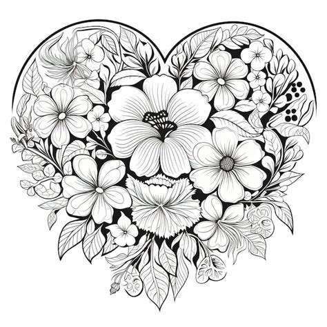 Las páginas para colorear en forma de corazón con flores blancas y