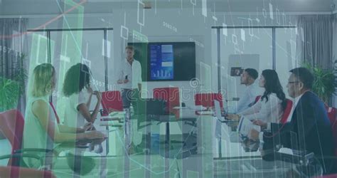 Image Of Statistical Data Processing Over Caucasian Man Giving A Presentation At Office Stock