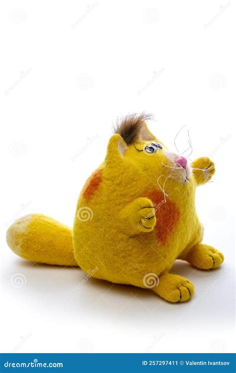 Yellow Cat Soft Toy Made Of Felt Wool Stock Image Image Of Interior