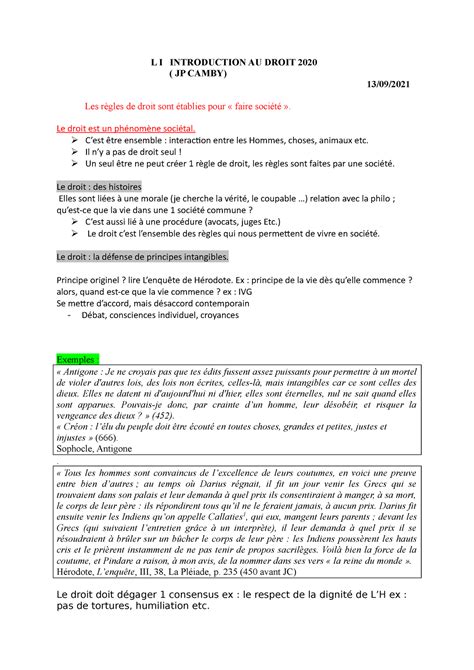 Plan De Cours 1er Semestre 1 L I INTRODUCTION AU DROIT 2020 JP