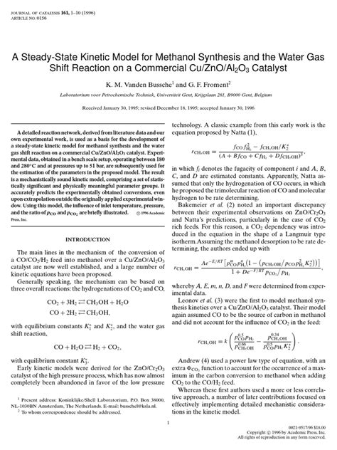 Pdf A Steady State Kinetic Model For Methanol Synthesis And The Water