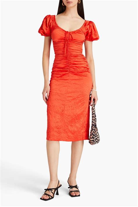 Ganni Ruched Stretch Satin Midi Dress The Outnet
