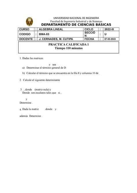 BMA PC Algebra Lineal UNI Studocu