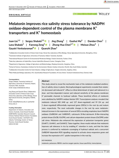 Plant Cell Environment 2020 Liu Melatonin Improves Rice Salinity