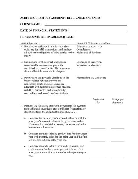 Audit Program For Accounts Receivable And Sales