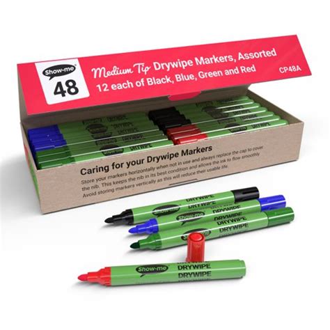 Show Me Drywipe Marker Medium Tip Slim Barrel Assorted Colours Pack 48