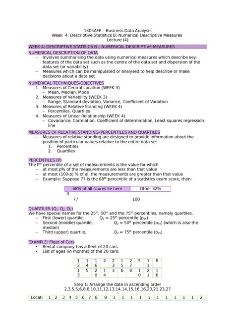 1305afe Lecture Workshop 4 1305afe Business Data Analysis Week 4 Descriptive Statistics B