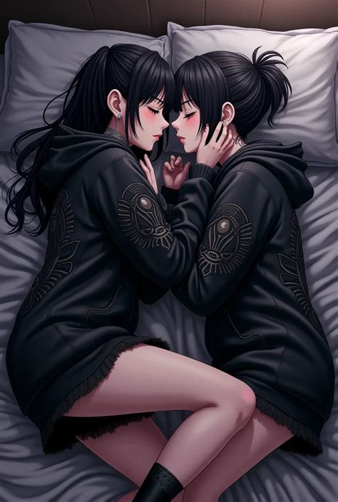 4 Anime Lesbians Goth Hoodie Kissing Big Bed Seaart Ai