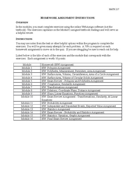 Homework Assignment Instructions Math 217 Homework Assignment