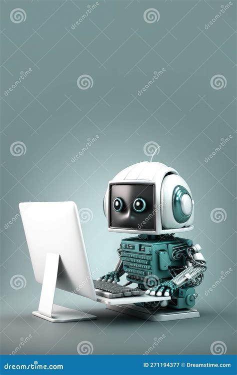 Cute Robot As Ai Chatbot Using Computer Pc Vertical Background With Copy Space Generative Ai