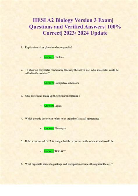 Hesi A2 Biology Version 3 Exam Questions And Verified Answers 100