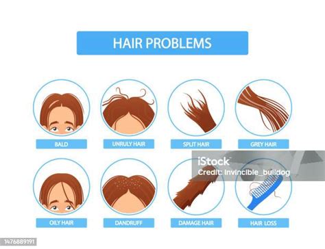여성 머리카락 문제 인포그래픽 아이콘 대머리 과도하게 갈라지거나 기름진 회색 머리 비듬 또는 탈모가 있는 여성 캐릭터 털에 대한