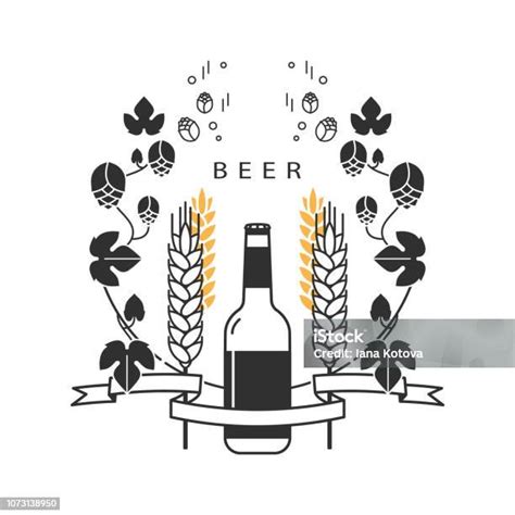 酒吧圖示啤酒廠標誌 工藝啤酒標籤 酒精店向量符號在現代線條風格與啤酒瓶 跳 小麥和絲帶白色背景上的獨立元素向量圖形及更多樹葉圖片 Istock