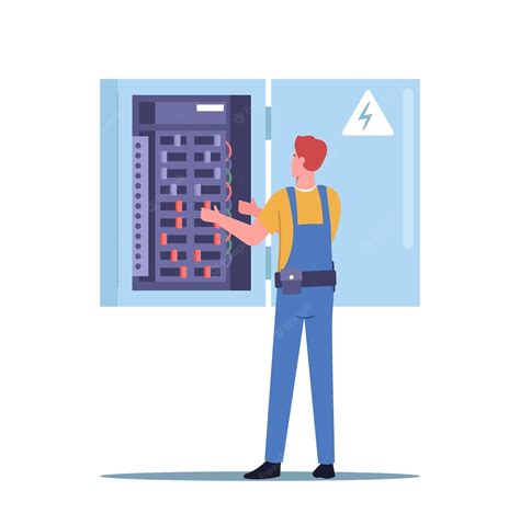 화재 에너지 및 전기 안전 개념 로브 작업복의 현장 전기 기사 캐릭터는 작업 초안을 검사하거나 대시보드에서 전압을 측정합니다 집 수리 만화 사람들 벡터 일러스트 레이