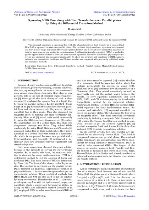 pdf squeezing mhd flow along with heat transfer between parallel