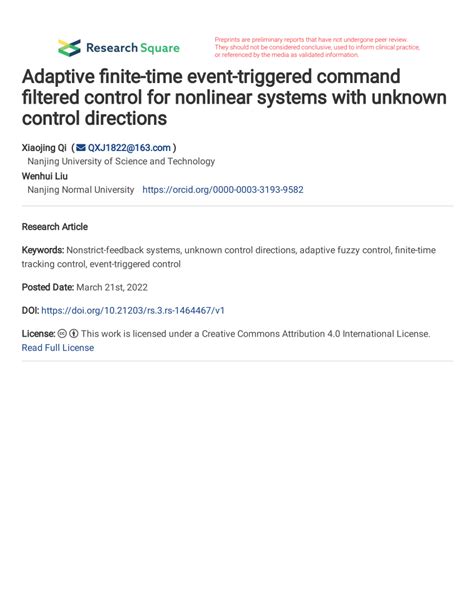 Pdf Adaptive Finite Time Event Triggered Command Filtered Control For Nonlinear Systems With