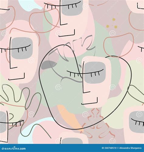 One Line Drawing Abstract Face Seamless Pattern Stock Vector