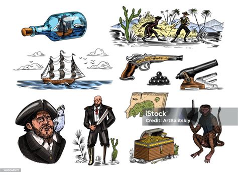 Sea Pirate With A Parrot On His Shoulder Onelegged Marine Sailor