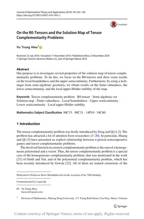 On The R0 Tensors And The Solution Map Of Tensor Complementarity Problems Request Pdf