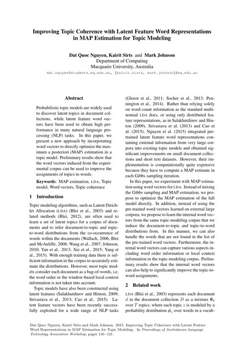 Pdf Improving Topic Coherence With Latent Feature Word Representations In Map Estimation For