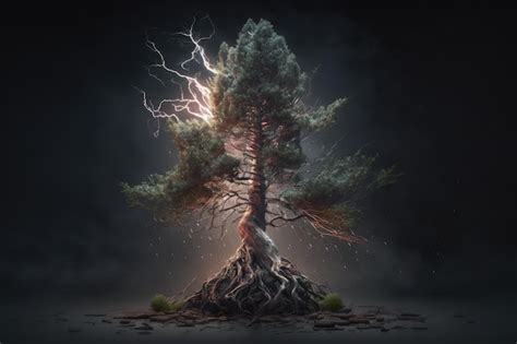 Premium Ai Image Maginficent Large Fir Tree Lightning Dark Clouds Sky