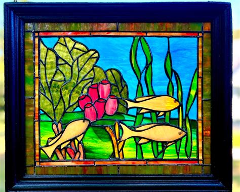 Stained Glass Underwater Scene With Wood Frame Etsy