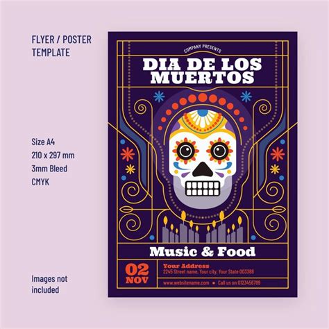 Dia De Los Muertos 전단지 또는 포스터 템플릿 프리미엄 벡터