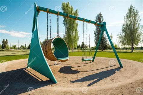 Empty Playground With Swings Slide And Seesaw In The Middle Of Summer