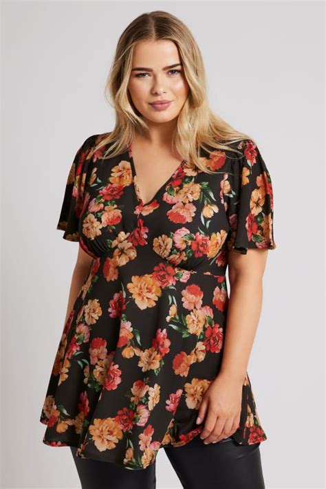 Yours London Plus Size Black Floral Print Angel Sleeve Blouse Yours