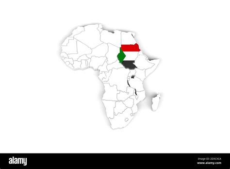 africa 3d map with borders marked sudan area marked with sudan flag