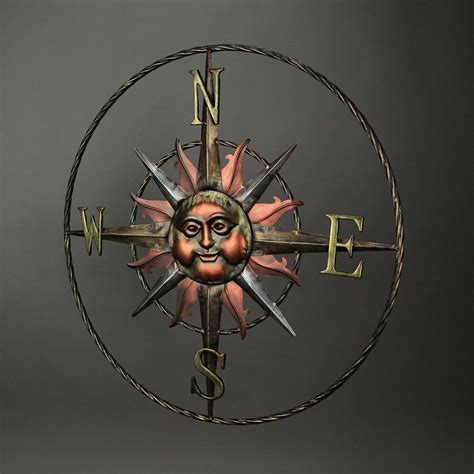 28 Inch Metal Sun Face Compass Rose Indoor Outdoor Home Decor Wall Art