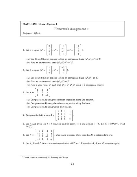 Hw7 Homework Math 1250 Linear Algebra I Homework Assignment 7