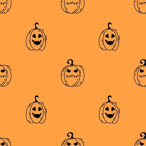 Halloween Outline Pumpkins Seamless Pattern Doodle Vector Illustration