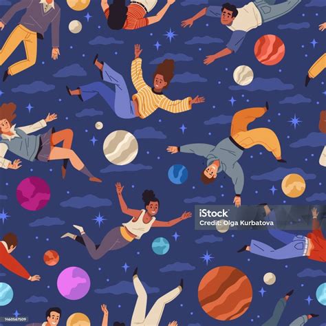 비행 사람들 원활한 패턴입니다 자유 낙하하는 귀여운 남자와 여자 별과 행성 사이로 치솟는 중력 부족 열린 공간 만화 평면 요소 장식 섬유 깔끔한 벡터 배경 날기에 대한 스톡