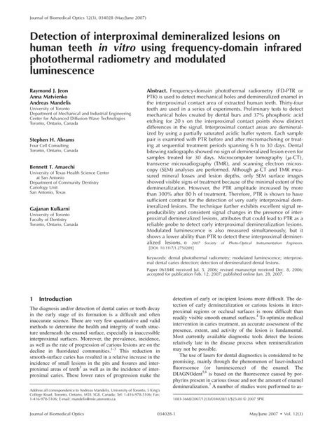 Pdf Detection Of Interproximal Demineralized Lesions On Human Teeth · 2011 05 18 · Ture