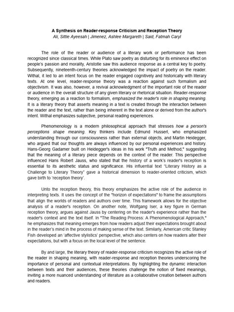 A Synthesis On Reader Response Criticism And Reception Theory By Sonnet Ladies Ali Jimenez And