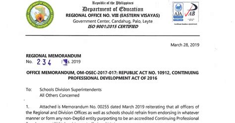 Ro8 Rm S2019 234 Office Memorandum Om Osec 2017 017 Republic Act No