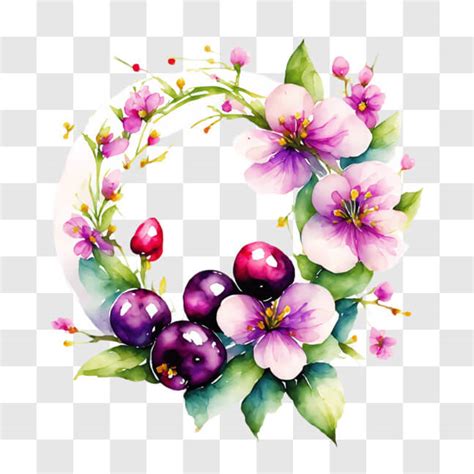 Descarga Hermosa Corona de Flores Moradas y Bayas PNG En Línea