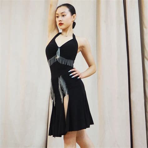 Women Sexy Latin Dance Dress Set Balck Tops Irregular Skirt Cha Cha