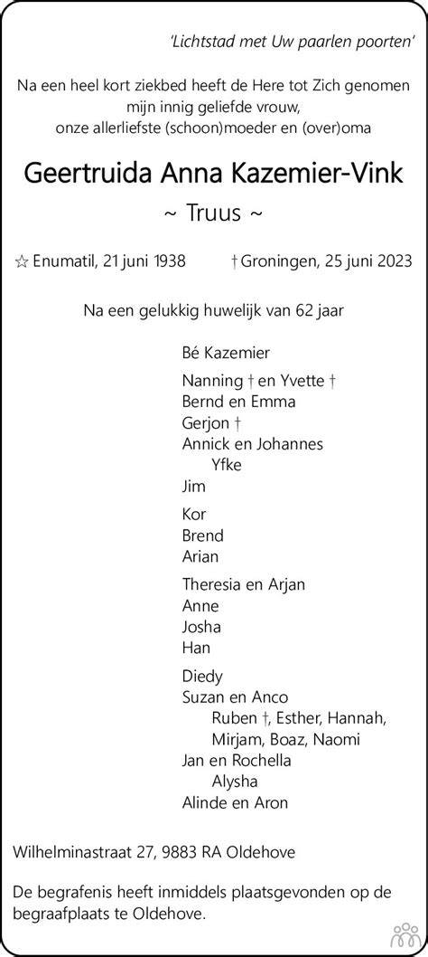 Geertruida Anna Truus Kazemier Vink 25 06 2023 Overlijdensbericht En