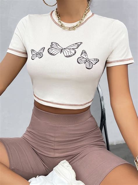 Butterfly Print Crop Tee