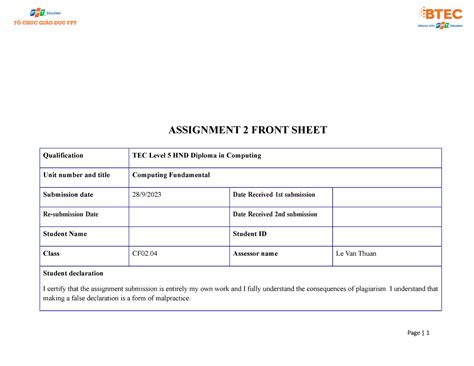 Ho Ten Msv Cf Assignment 2 1st Assignment 2 Front Sheet Qualification