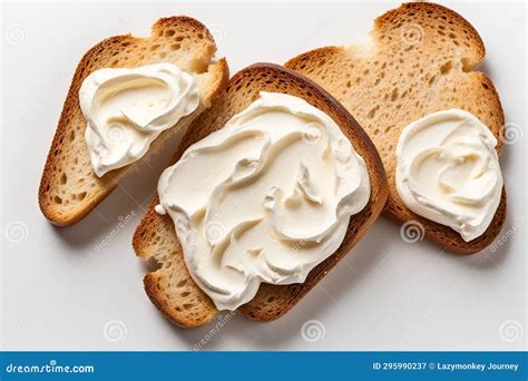 Pan Tostado Con Queso Crema Aislado De Fondo Blanco Stock De